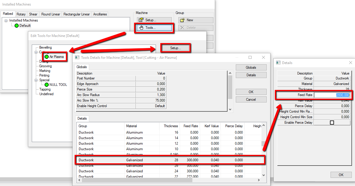 How to change the Feed Rate for specific materials in CAMduct