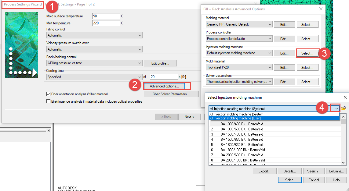 How to create and save a custom injection molding machine in Moldflow