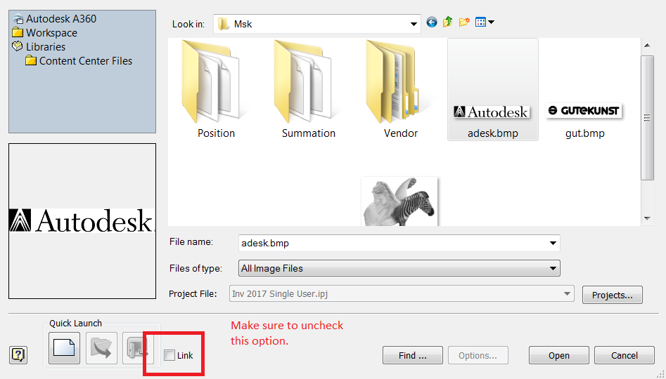 How to embed an image into my title block in Inventor so I do not get a file resolve dialog box.