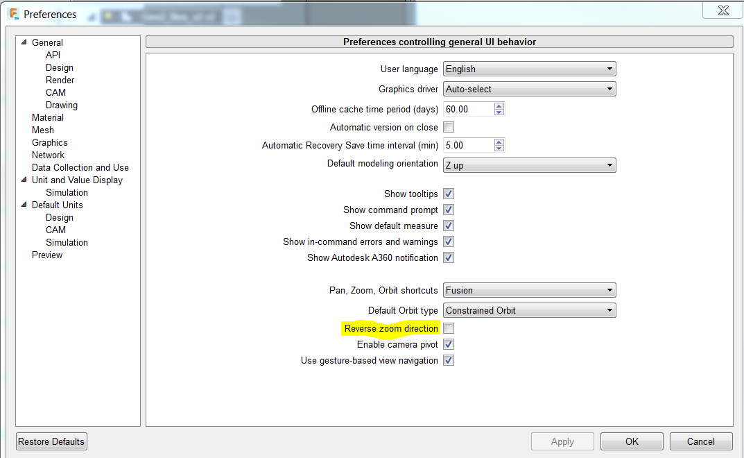 Fusion Help | How to reverse the scroll direction for zoom in Fusion | Autodesk
