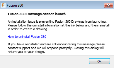 "Fusion Drawings cannot launch" when trying to open or create a drawing ...