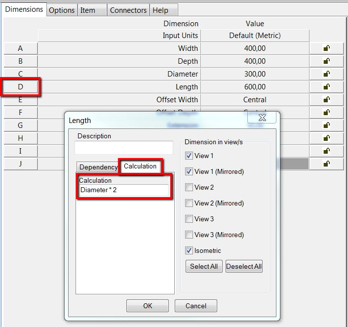 How to configure Calculated or Dependent item dimensions in Fabrication