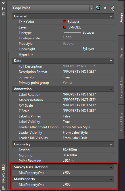 User-defined property classification does not work for survey data in Civil 3D