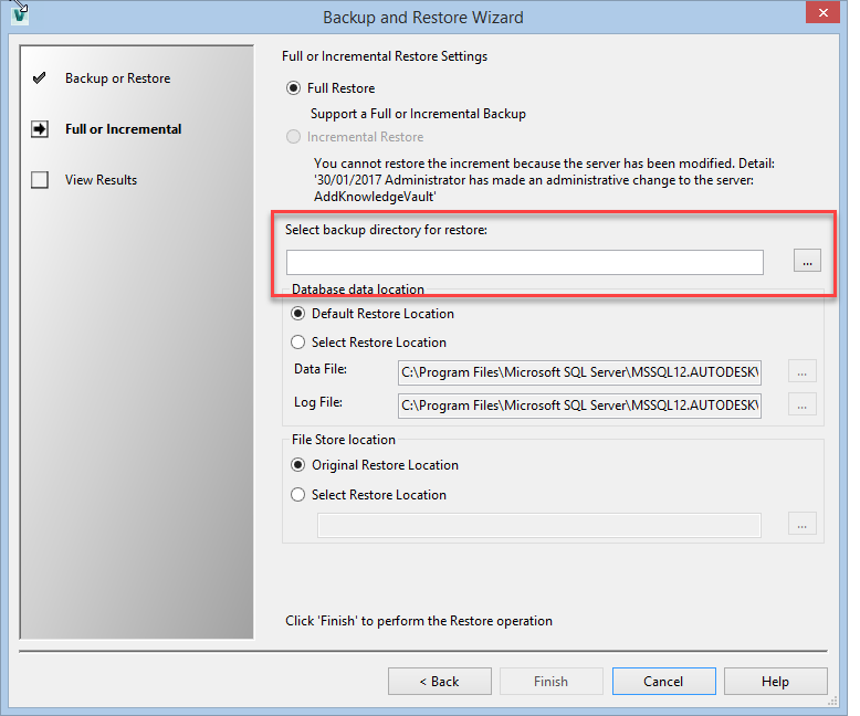 "The selected restore directory does not contain a valid backup. Please ...