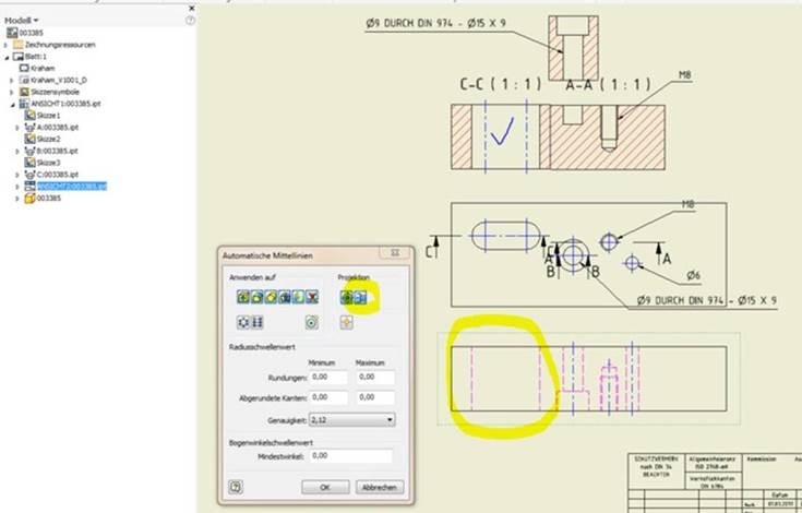 How to create automated center lines for the slots in Inventor drawing