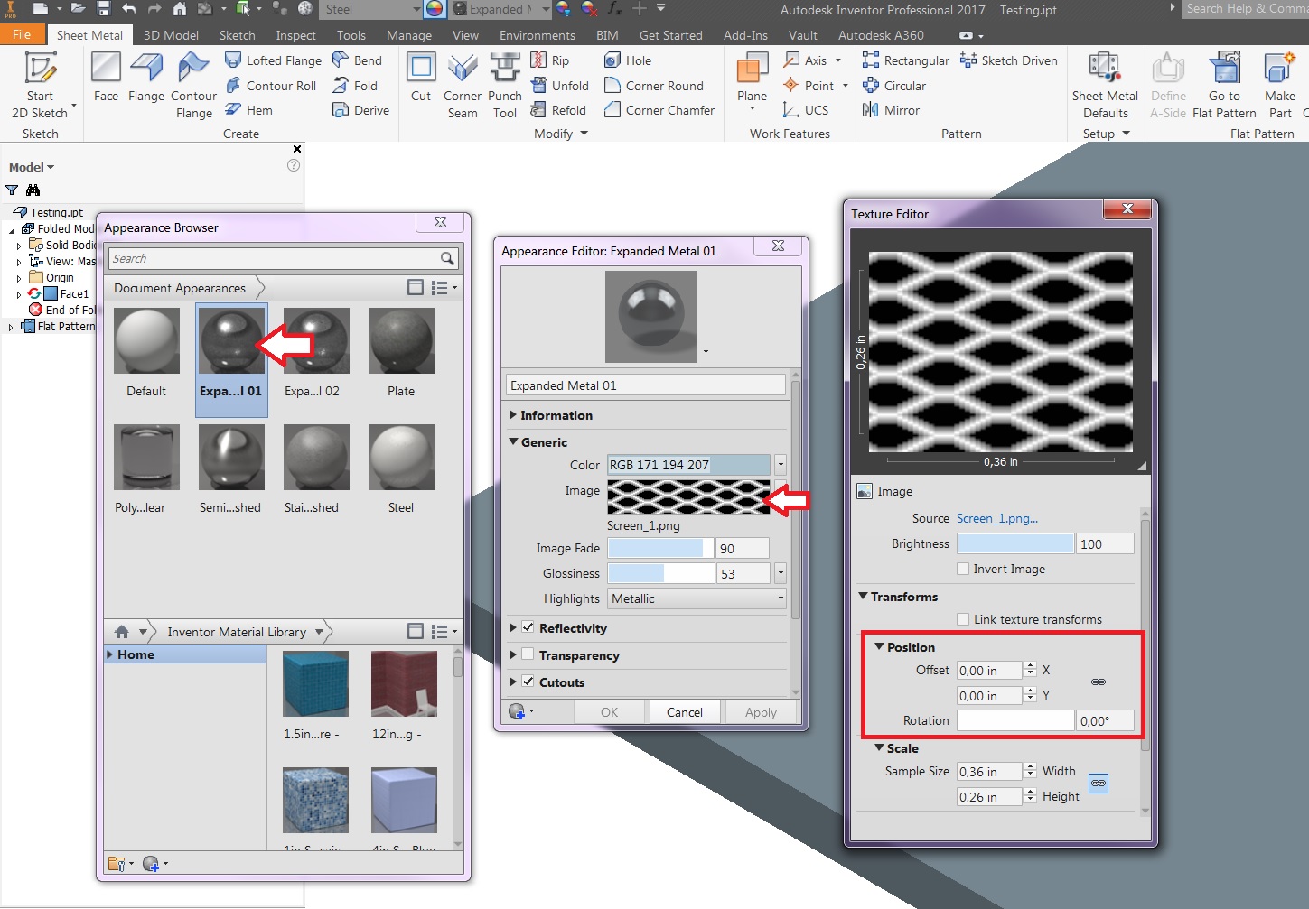 Appearance texture not showing in model after upgrading Inventor version.