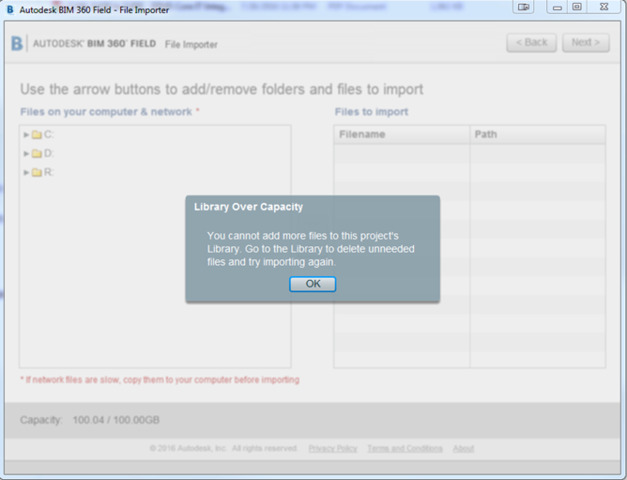 BIM 360 Field Library にファイルをアップロードしようとすると「ライブラリの容量超過」が表示される