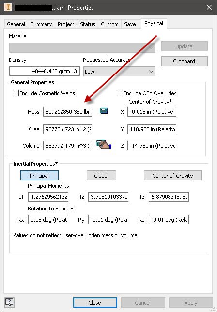 The mass properties of the part/assembly is not correct in Inventor drawing
