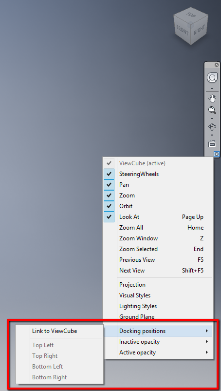 Inventor 2018: Navigation bar's docking position reverts to 'Link to ViewCube' after restart
