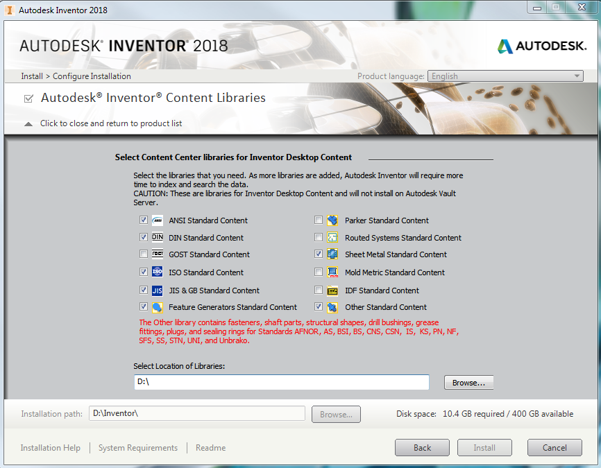 Even if I changed the installation path, Inventor installs 9GB on the C:\