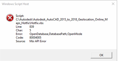 AutoCAD: Geolocation hot fix download prompting an MSI API error 80004005
