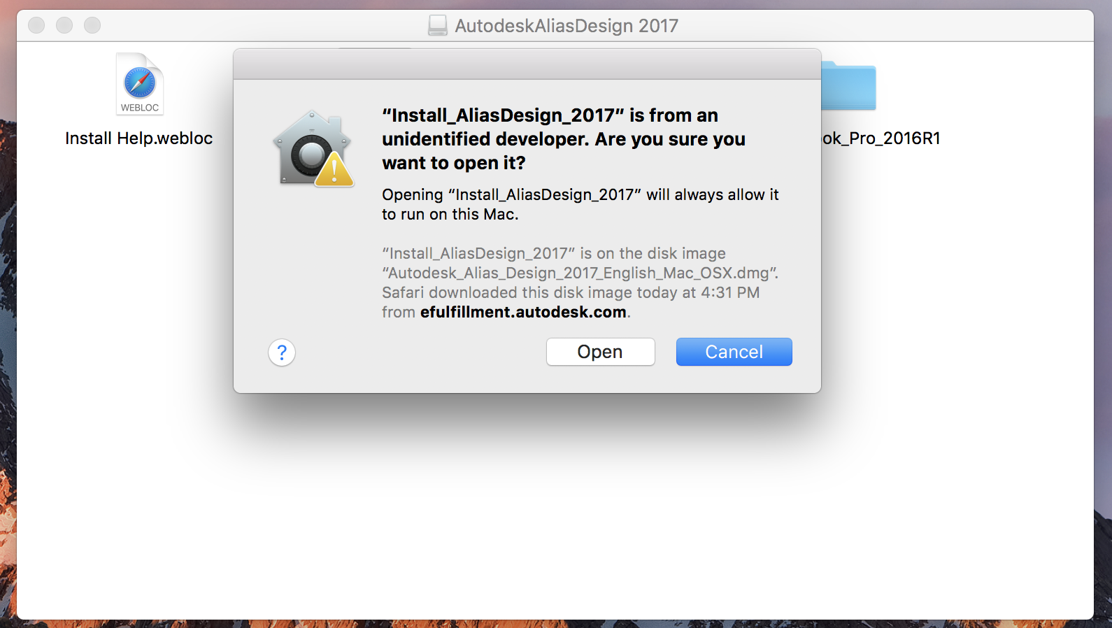 Macos에 설치 파일을 설치하려는 중 Autodesk 다운로드 가 식별되지 않은 개발자로부터 온 것이므로 해당 파일을 열