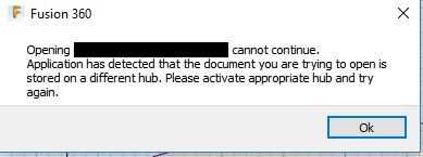 "Opening cannot continue. Application [...] is stored on different hub" message in Fusion