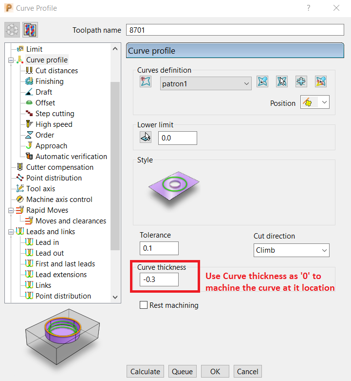 Gouge in 2D Curve Profile toolpath in PowerMill