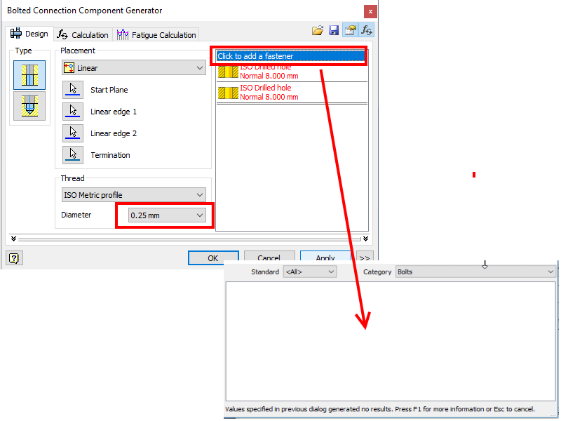 "Click to add a fastener" window remains empty when generating a bolted connection in Inventor