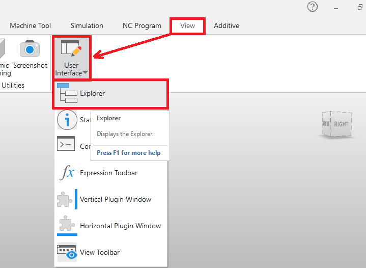 How to toggle ON the display of Explorer in PowerMill