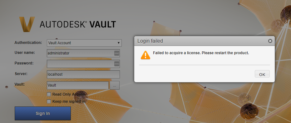 "Failed to acquire a license." when logging into Vault Thin Client (webclient) with read-only ...