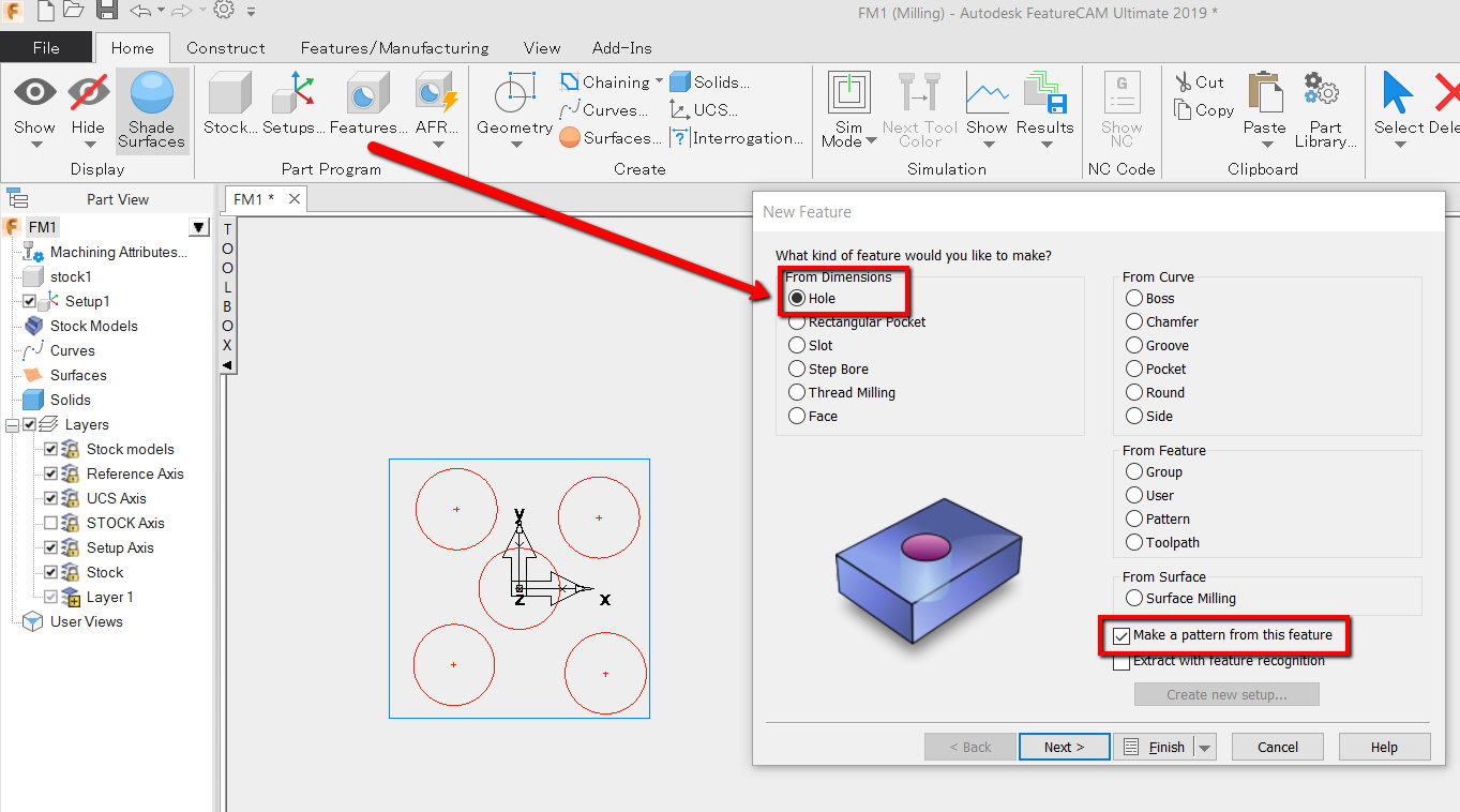 How to create multiple hole features from a wireframe quickly in FeatureCAM
