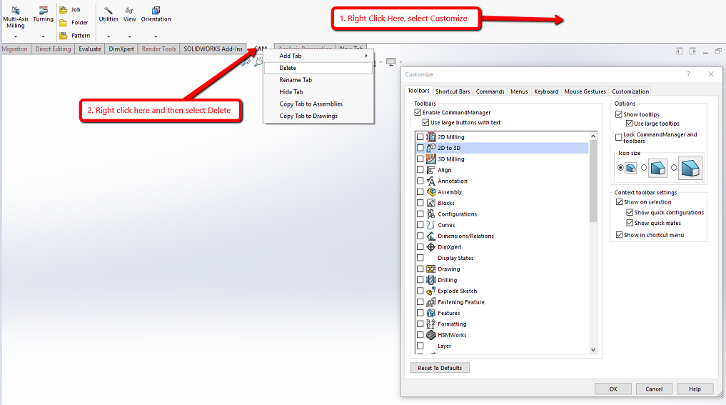 CAM 탭 또는 메뉴의 아이콘, 명령 또는 작업이 HSMWorks 또는 HSMXpress에서 재정렬되거나 누락됨