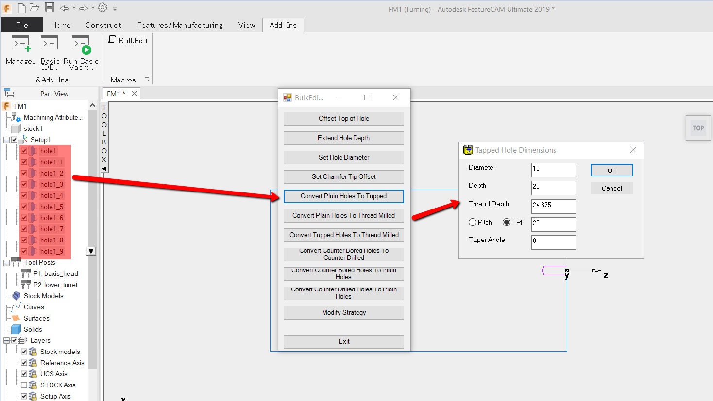 How to convert plain holes into tapped holes in a batch in FeatureCAM