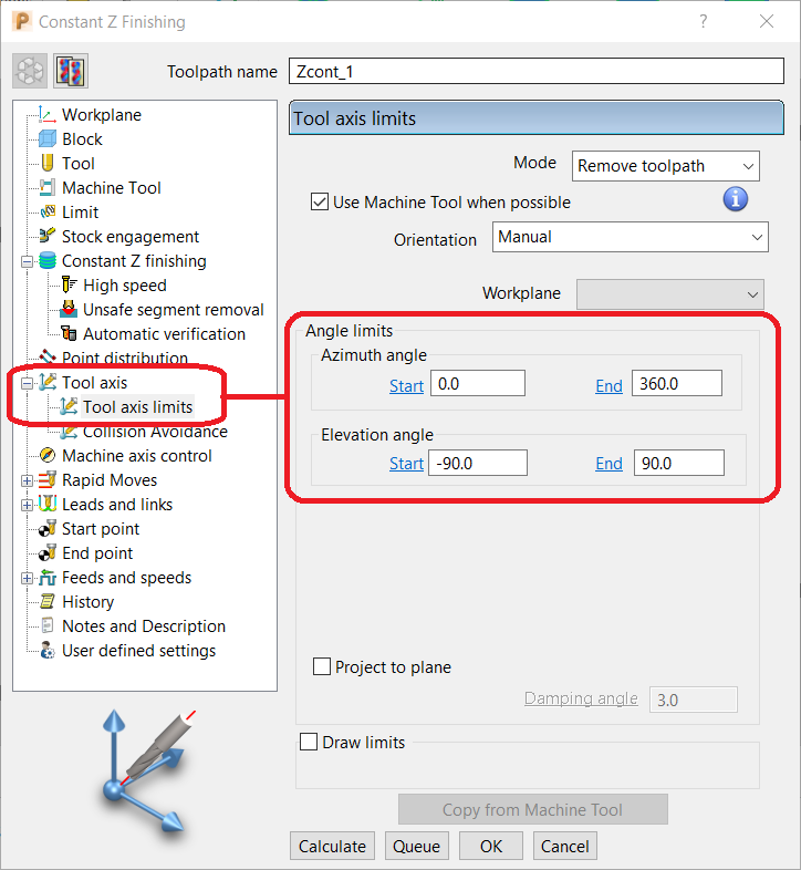 How to set tool axis limits in PowerMill