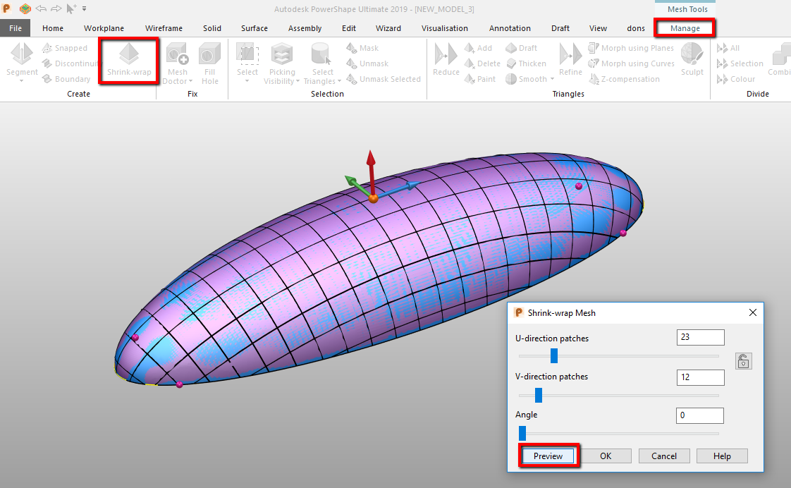 如何在 PowerShape 中从三维形状的网格创建曲面。