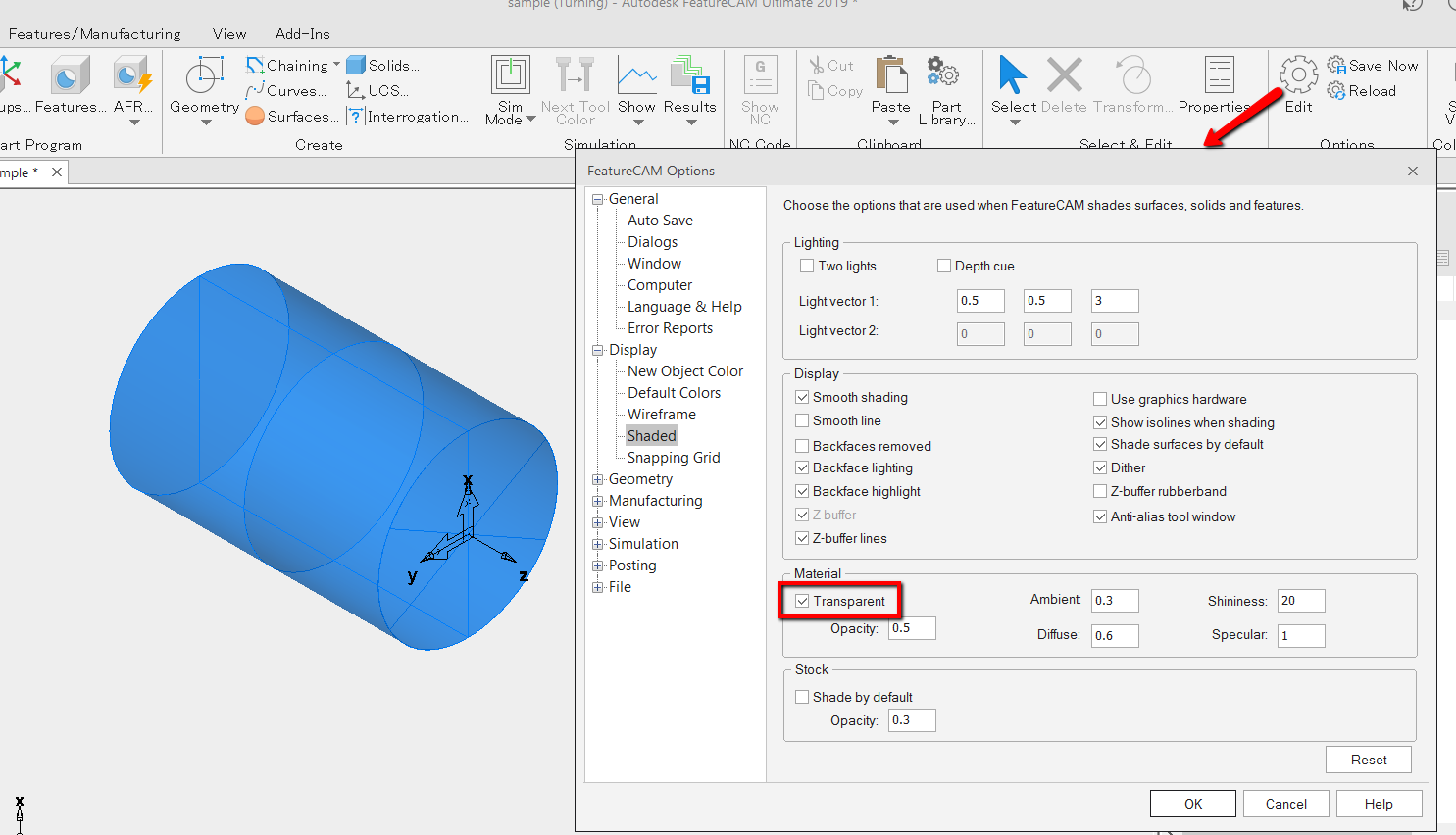 How to turn on/off model transparency in FeatureCAM