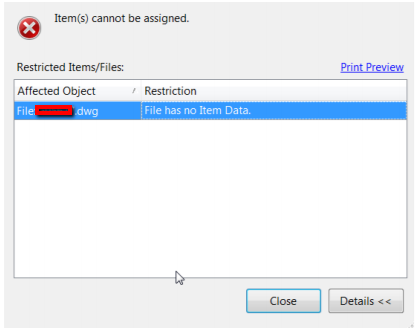 "File has no Item Data" error when assigning Item in Vault Professional