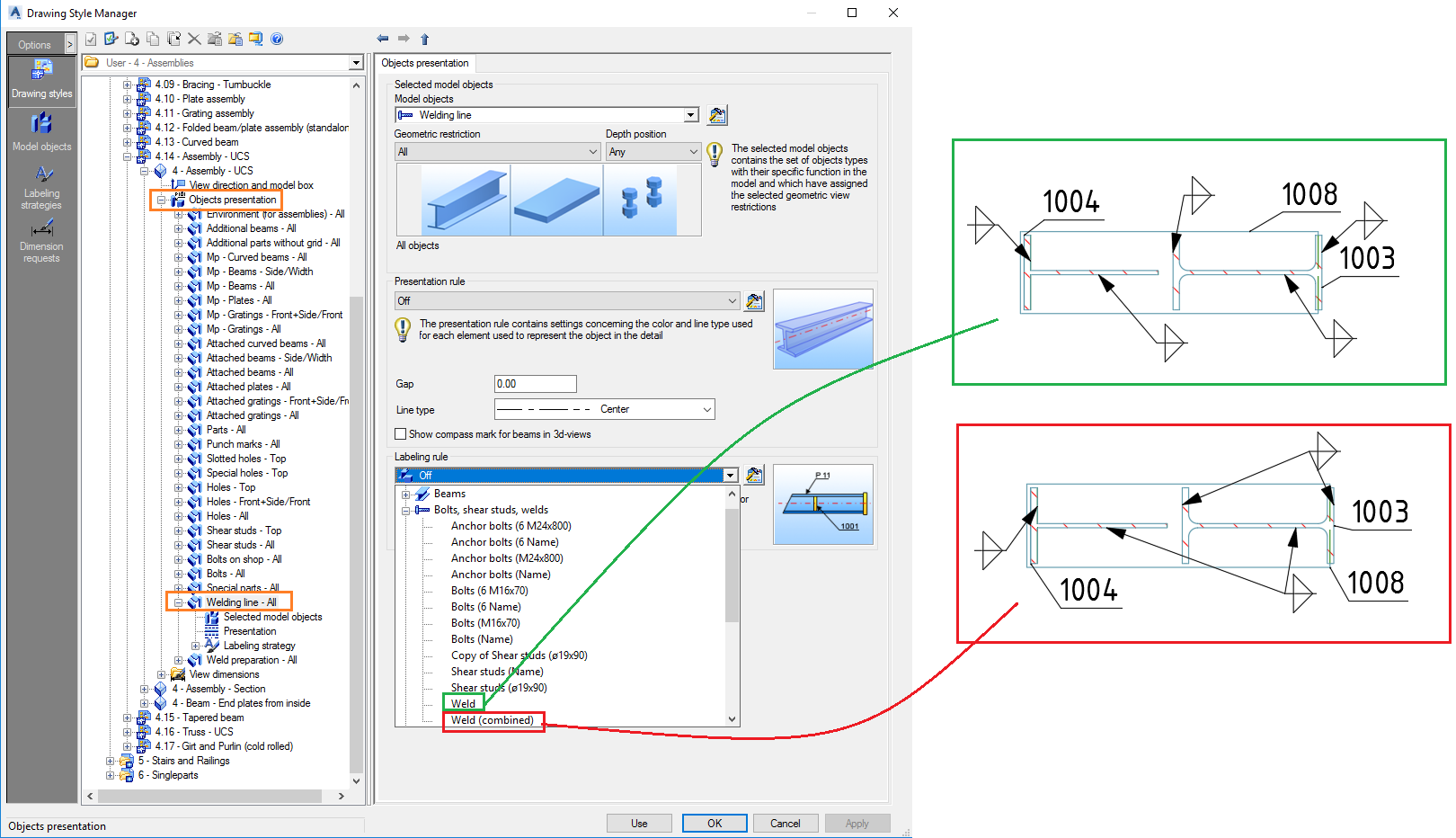 Manually creating a combined leader for multiple welds in Advance Steel