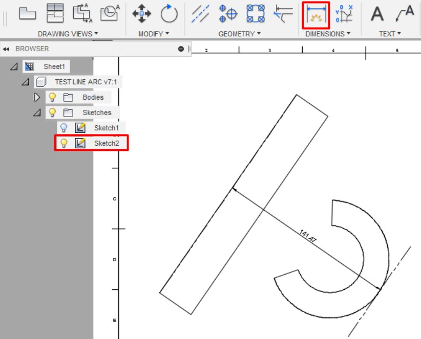 How to dimension from a line to the outermost point of an arc in Fusion 360