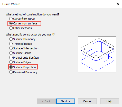 How to create a surface projection curve in FeatureCAM