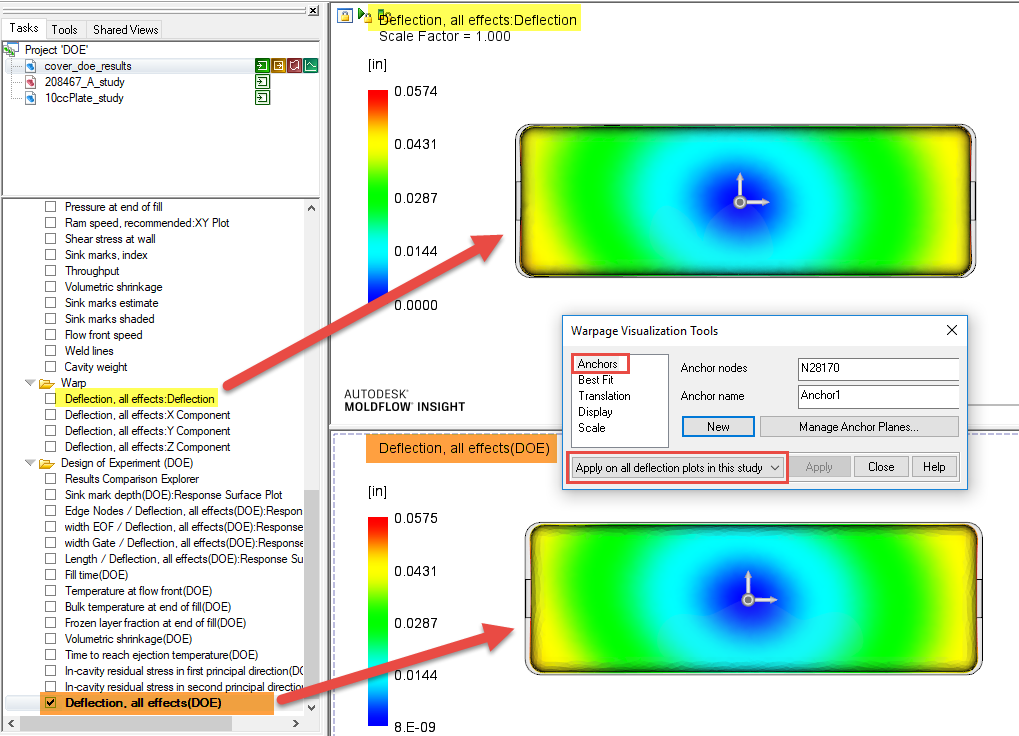 "Deflection, All Effects" for Warp and DOE results are different in Moldflow Insight