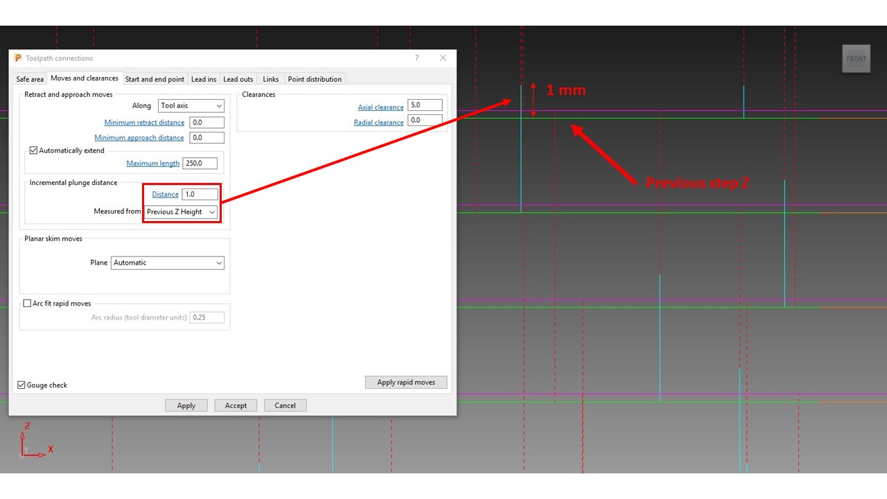 Difference between incremental plunge distance options in PowerMill.