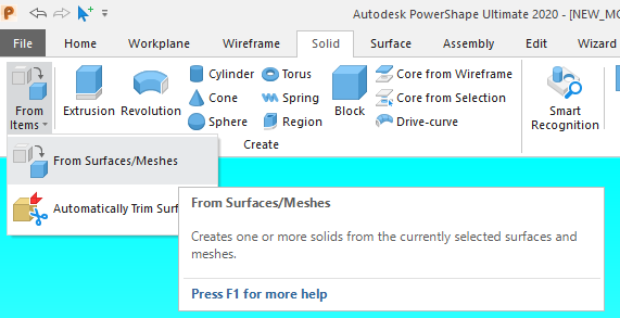How to convert surfaces into a solid using PowerShape