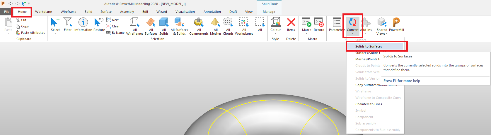 How to convert solids to surfaces in Powershape