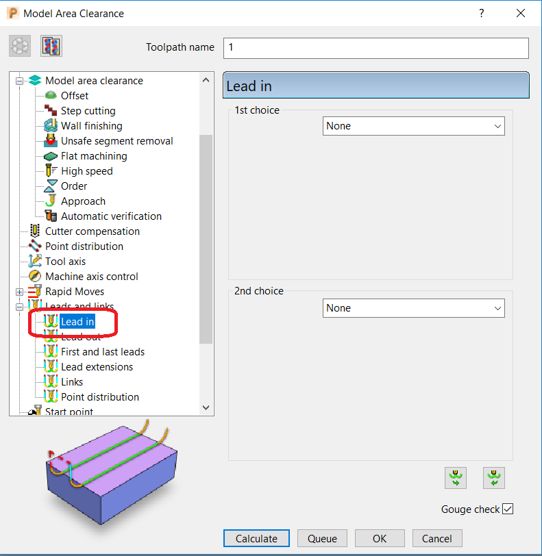 How to calculate Model Area Clearance toolpath with ramp lead in for all passes in PowerMill
