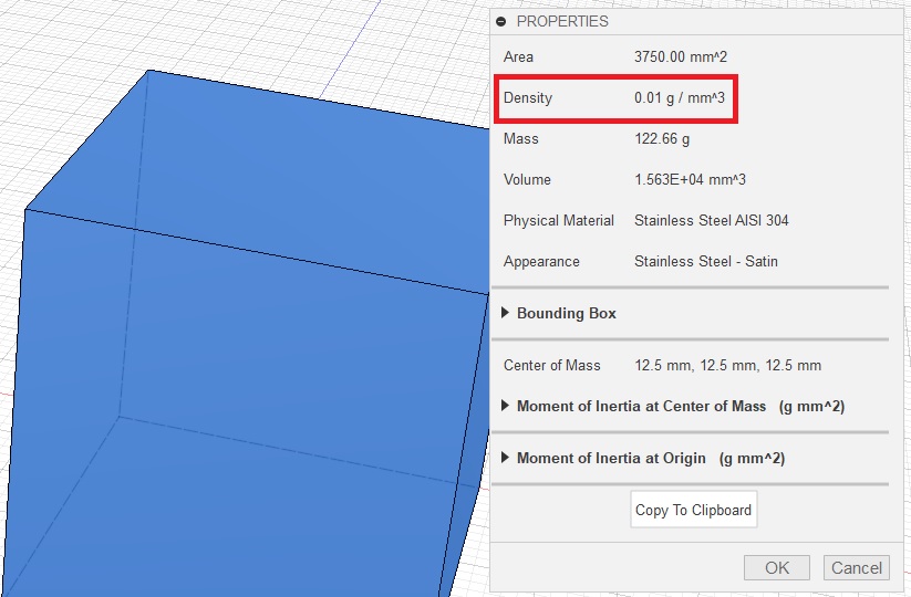 Properties tab shows an incorrect Material Density in Fusion