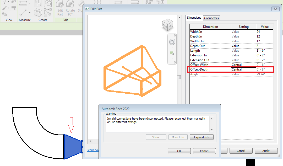 Invalid connections when editing fabrication transition in Revit