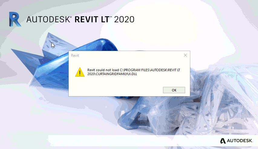 "Revit could not load C:\PROGRAM FILES\AUTODESK\REVIT LT 2020\CURTAINGRIDFAMILYUI.DLL" while ...