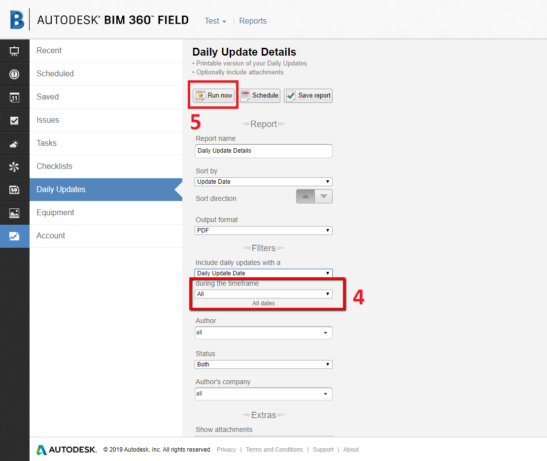 BIM 360 Field에서 모든 일일 업데이트 내보내기(클래식)