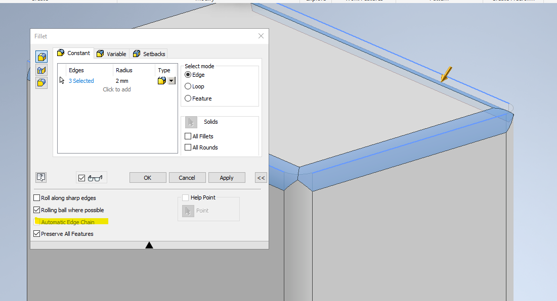 Inventor 2020でフィレットを編集すると、自動エッジチェーンが再びアクティブになります