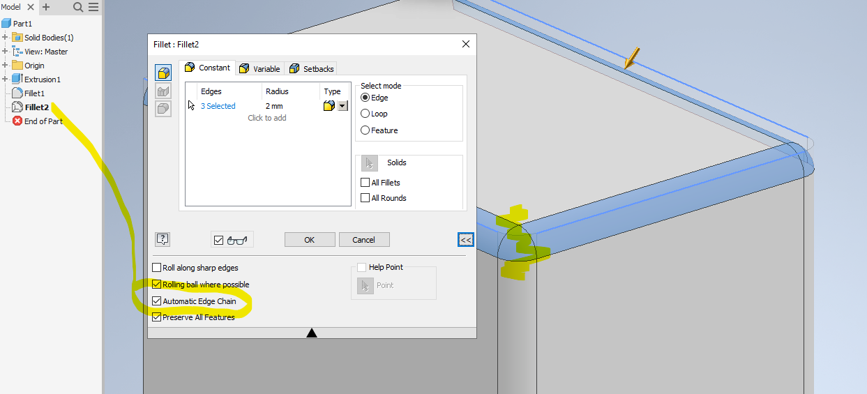 Automatic Edge Chain reactivates when editing fillet in Inventor 2020
