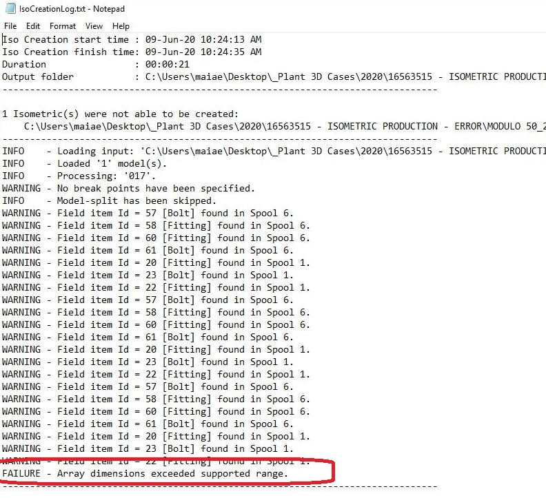 "Array dimensions exceed supported range" when generating a production isometric drawing in ...