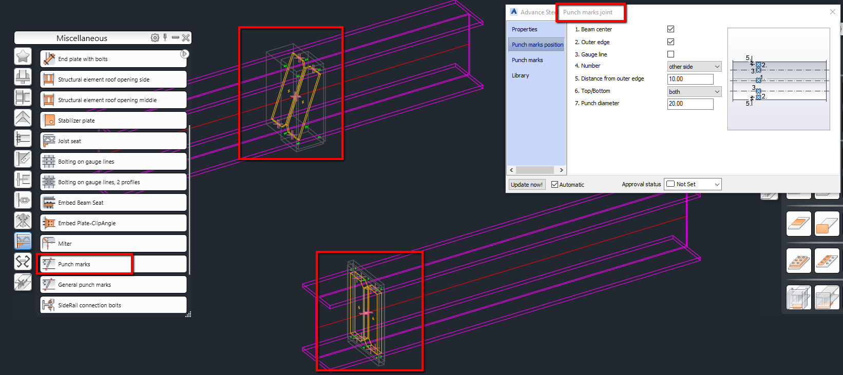 Is it possible to automatically place punch marks for attached parts in Advance Steel model