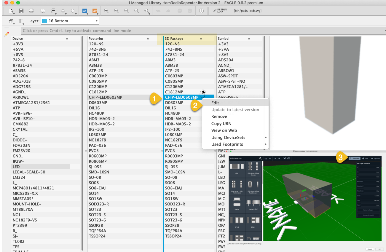 How to attach a 3D model as a 3D Package to an existing footprint in Eagle