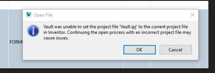 "Vault was unable to set project file...to the current project file in Inventor..." when opening ...