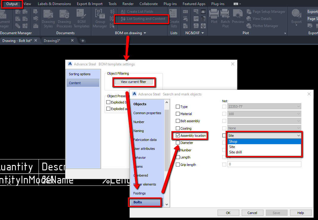 Shop bolts do not appear in the BOM on drawing lists in Advance Steel