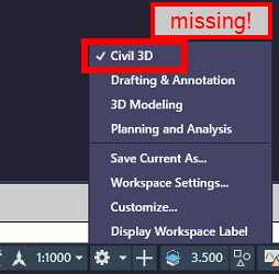 Missing ribbon, workspaces, palettes and support files in Civil 3D