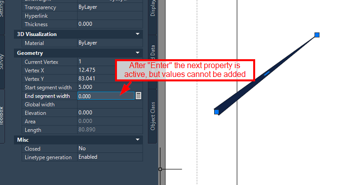 Properties 패널의 Enter 키를 눌러도 다음 특성이 초점이 맞춰지지 않으며 Civil 3D 배치에서 값을 입력할 수 있습니다.