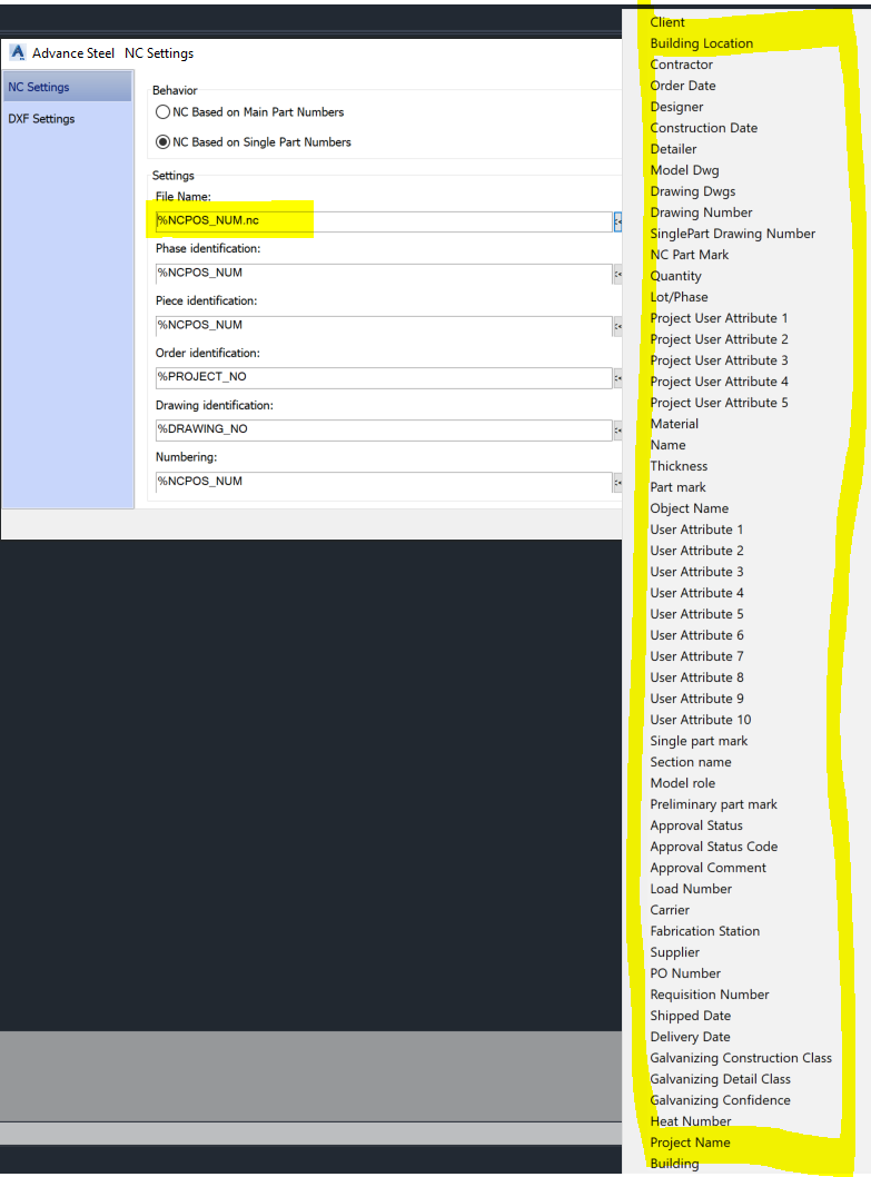 Tokens for customize the NC files in Advance Steel